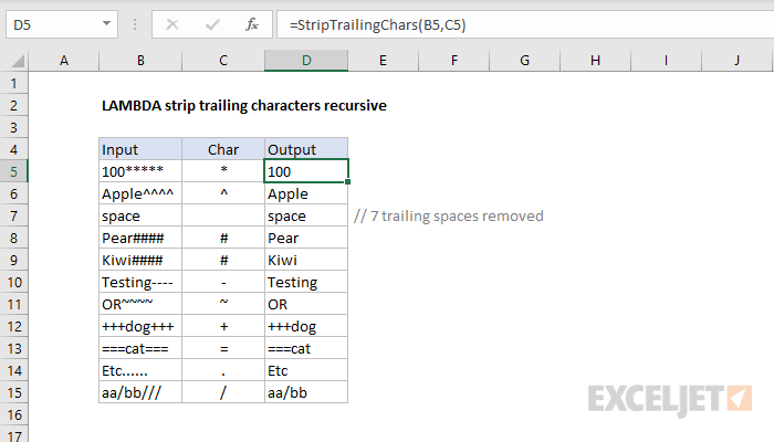 LAMBDA Strip Trailing Characters Recursive Excel Formula Exceljet